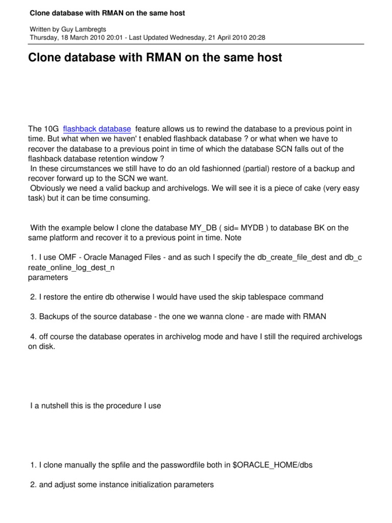 Clone Database With Rman On The Same Host | PDF | Oracle Database | Databases