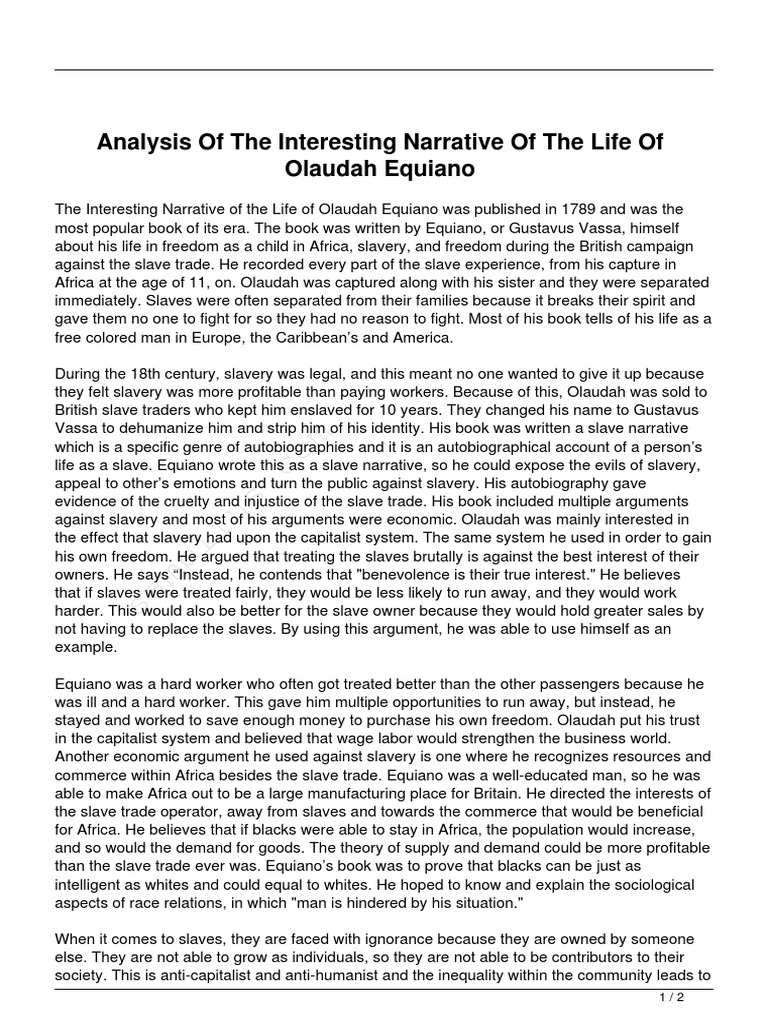 Analysis of The Interesting Narrative of The Life of Olaudah Equiano ...