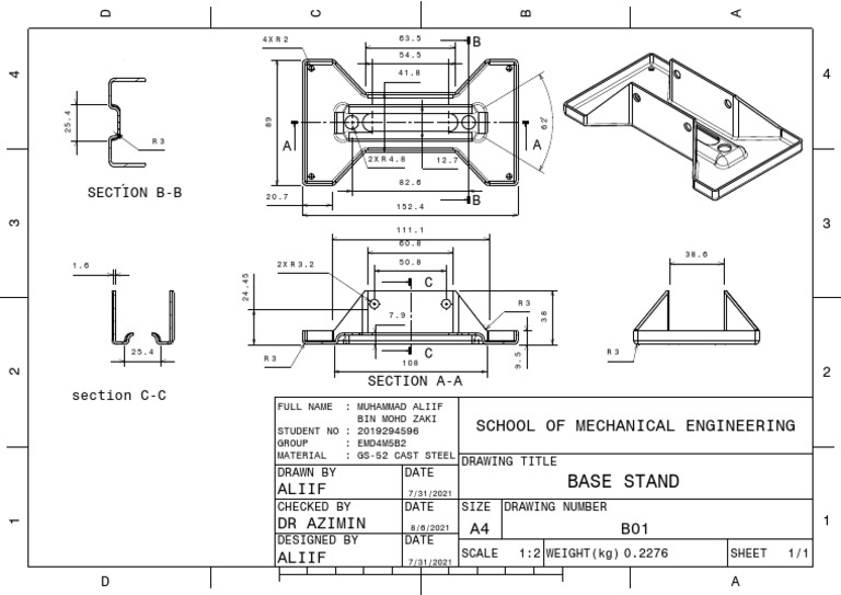 Engineering Drawing of a Base Stand with Dimensioned Views and ...