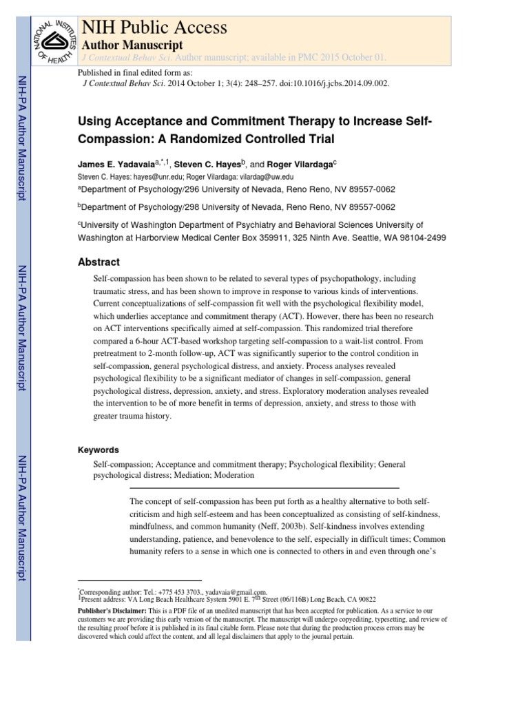 Using Acceptance and Commitment Therapy To Increase SelfCompassion. A Randomized Controlled ...