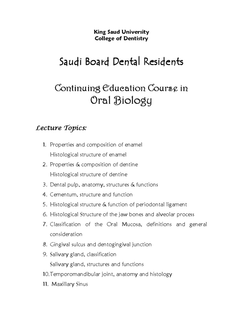 Oral Biology Lecture Topics Overview | PDF | Dentin | Tooth Enamel