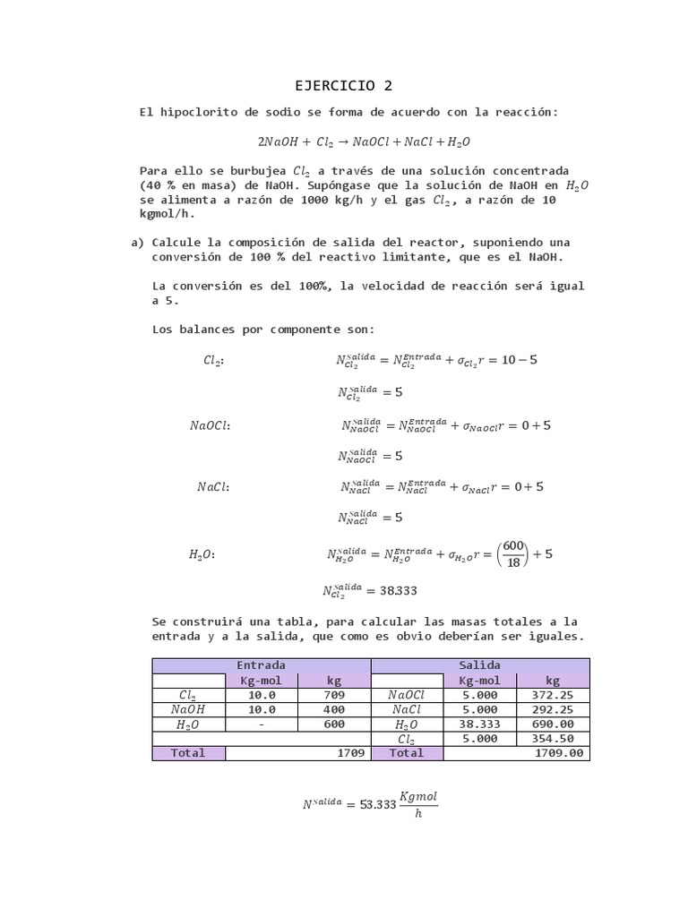Cálculo De Reactivos En Hipoclorito De Sodio Pdf Ingeniería De