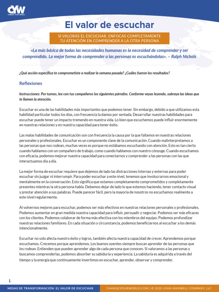 El Valor de Escuchar - Mesas - Transform - Listen-CYW | PDF | Cognición