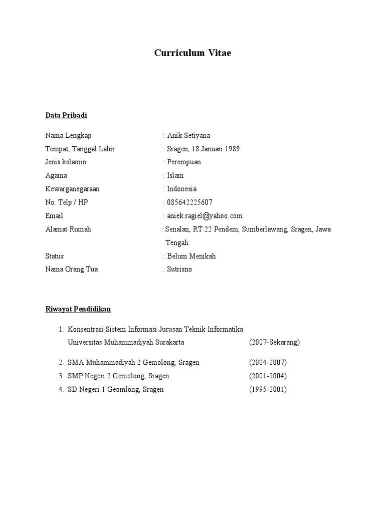 Curriculum Vitae: Data Pribadi | PDF