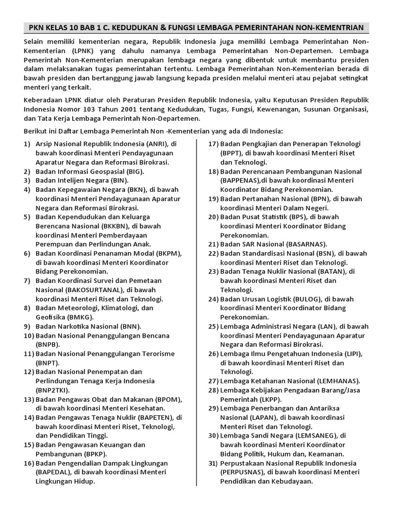 PKN10.1C. Kedudukan Dan Fungsi Lembaga Pemerintahan Non-Kementrian | PDF | Politik | Ilmu Sosial