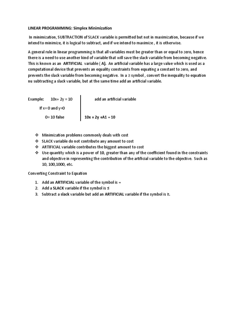 LINEAR PROGRAMMING - Simplex Minimization | PDF | Linear Programming | Variable (Mathematics)