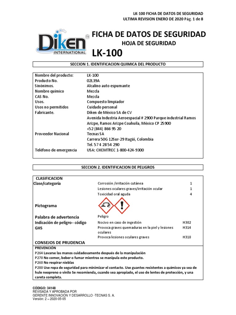 Ficha Técnica LK-100 Seguridad | PDF | Agua | Quemar