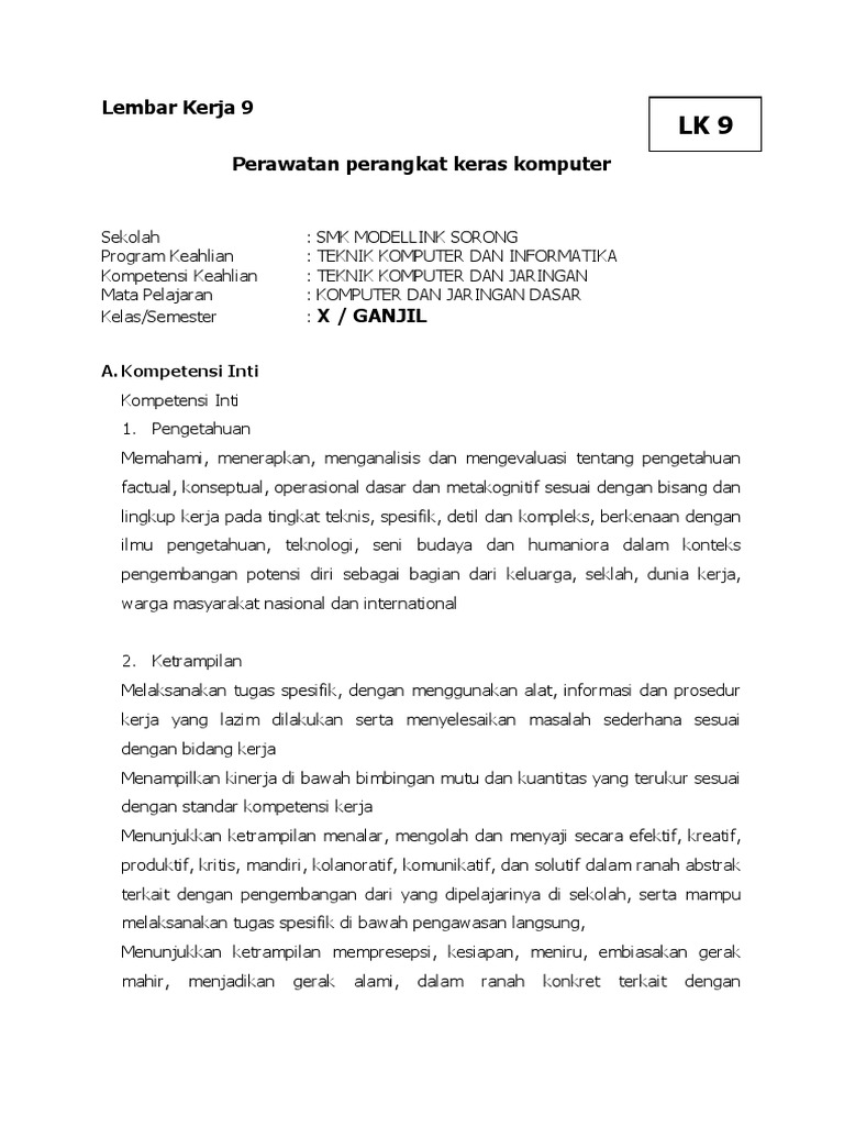 Lembar Kerja 9 Perawatan Perangkat Keras Komputer: A. Kompetensi Inti | PDF