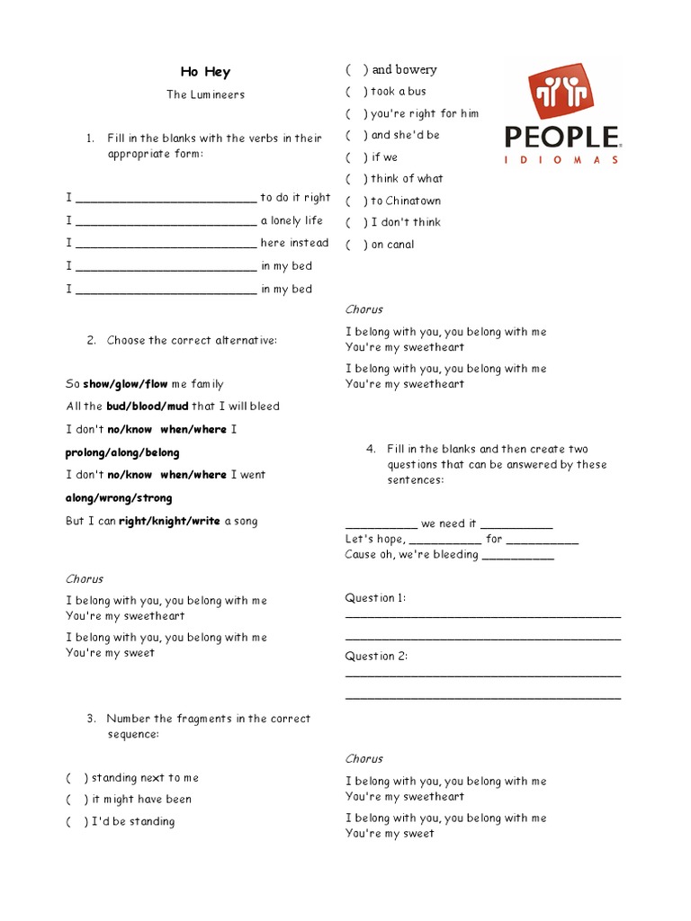 Song Ho Hey Worksheet | PDF | Linguistics | Grammar