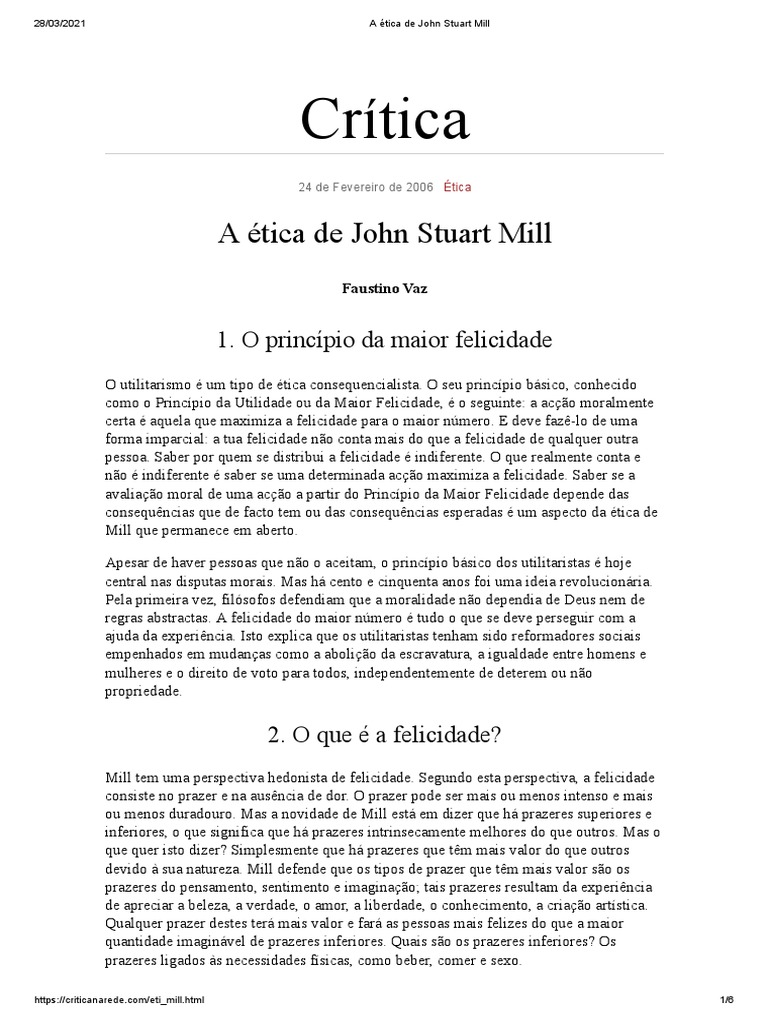 A Ética de John Stuart Mill | PDF | Utilitarismo | John Stuart Mill