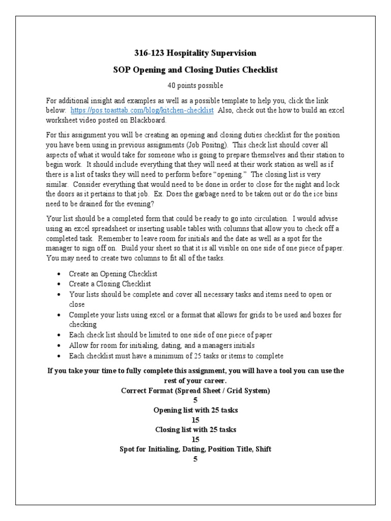 SOP Opening and Closing Duties Checklist Assignment | PDF | Microsoft ...