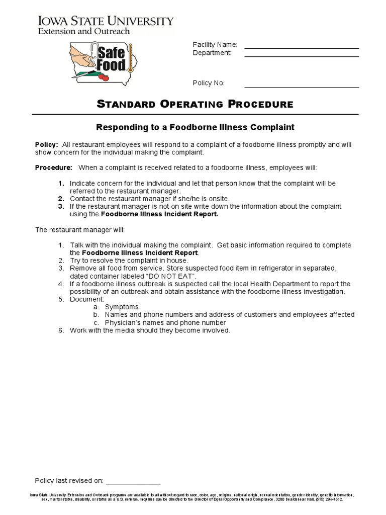 RSOP29 Responding To A Foodborne Illness Complaint | PDF | Foodborne ...