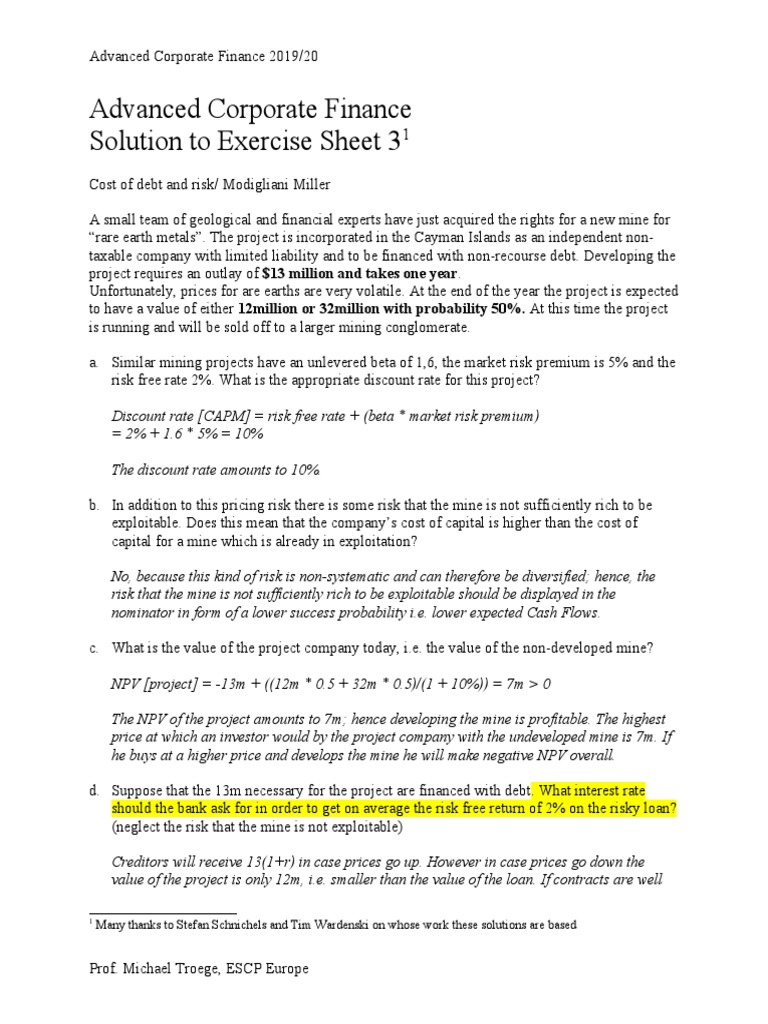 Solutions For Exercise Sheet 3 | PDF | Cost Of Capital | Hedge (Finance)