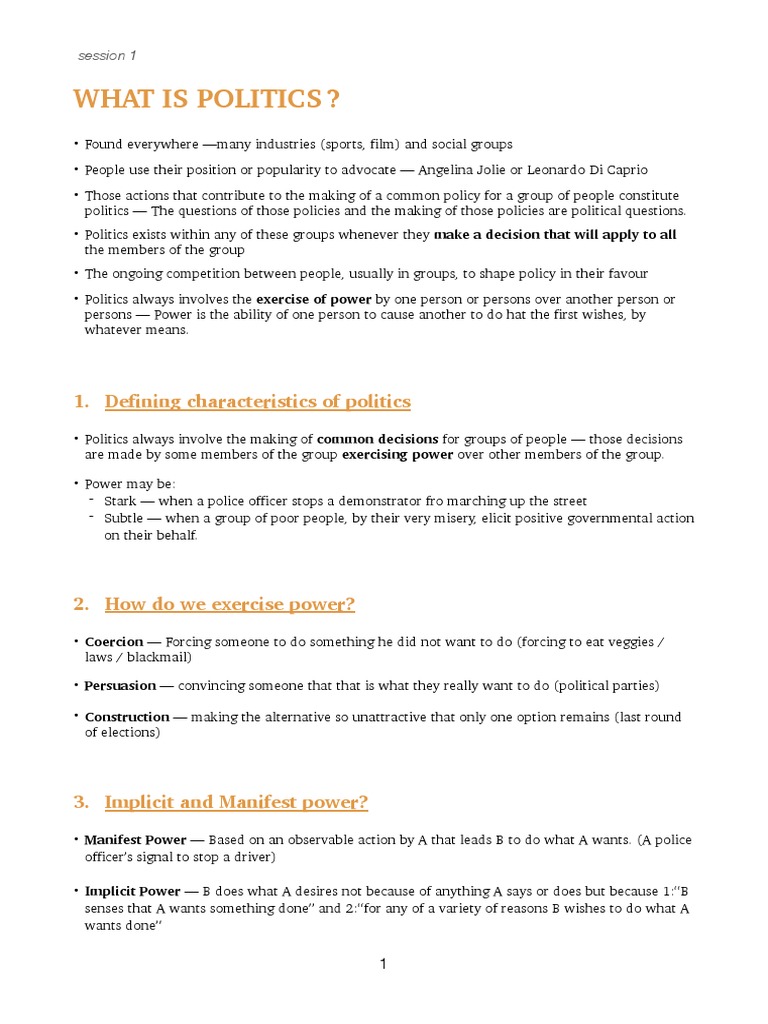 What Is Politics ?: 1. Defining Characteristics of Politics | PDF ...