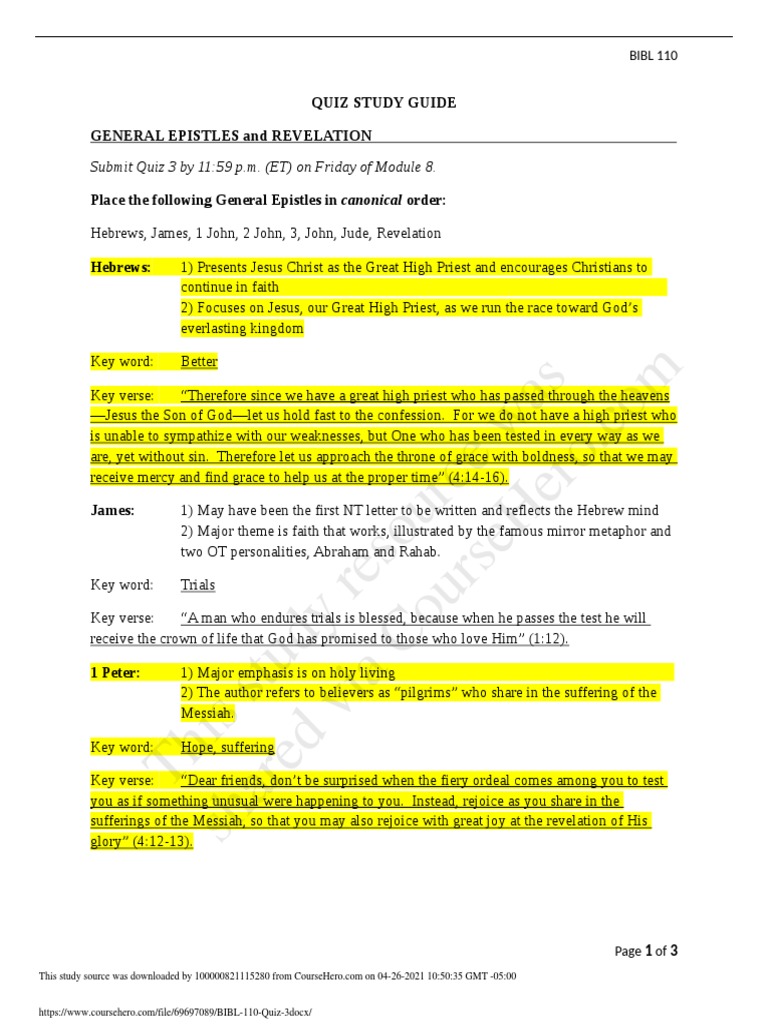 BIBL 110 Quiz 3 Study Guide | PDF | Jesus | Christian Belief And Doctrine