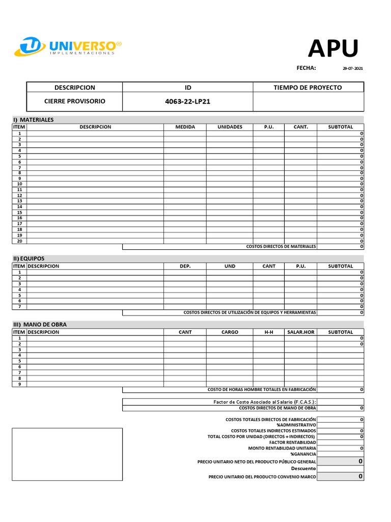 Ejemplo de APU en Proyecto | PDF | Economias