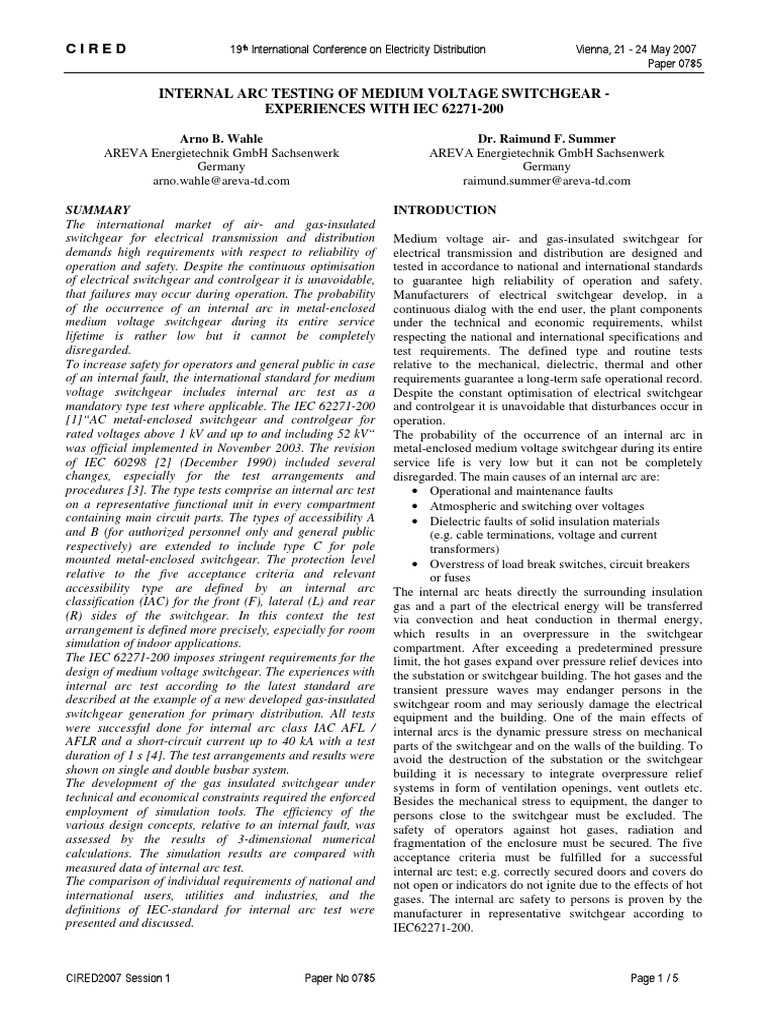 Internal Arc Testing of MV Switchgear-Experience With IEC 62271-200 ...
