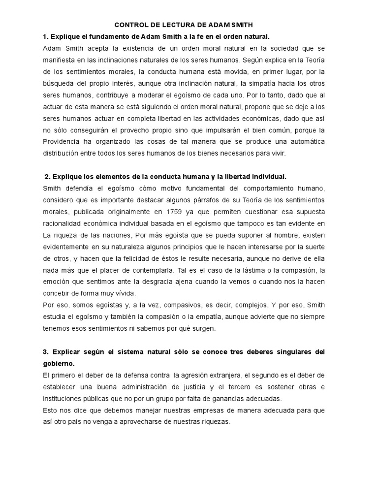 Control de Lectura de Adam Smith | PDF | Egoismo psicologico | Adam Smith