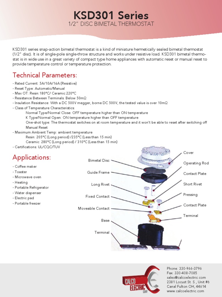 KSD301 Bimetal Thermostat Overview | PDF | Thermostat | Refrigerator