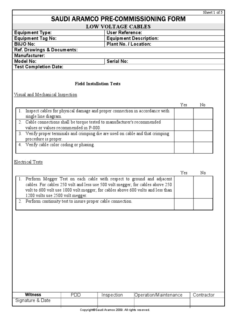 Saudi Aramco Pre-Commissioning Form: Low Voltage Cables | PDF ...