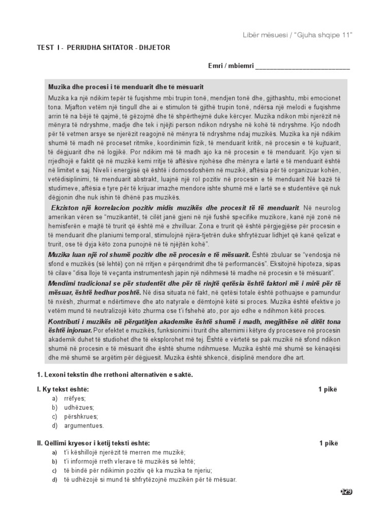 Gjuha Shqipe 11, Sem 1 | PDF