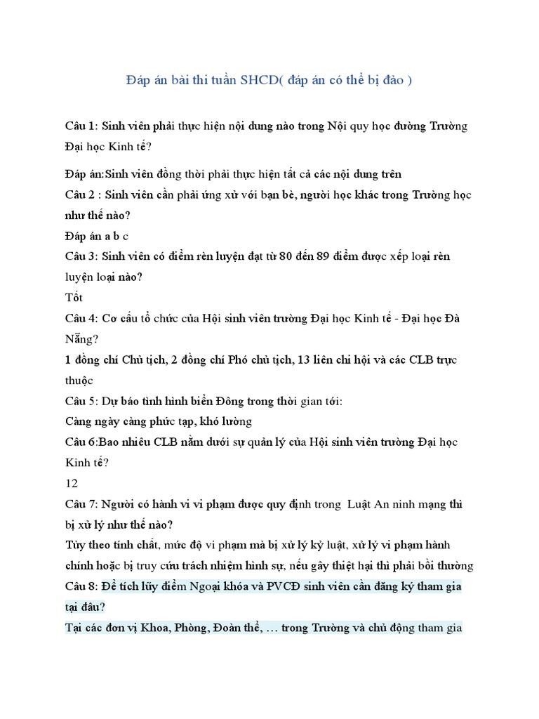 Đáp án bài thi tuần SHCD | PDF
