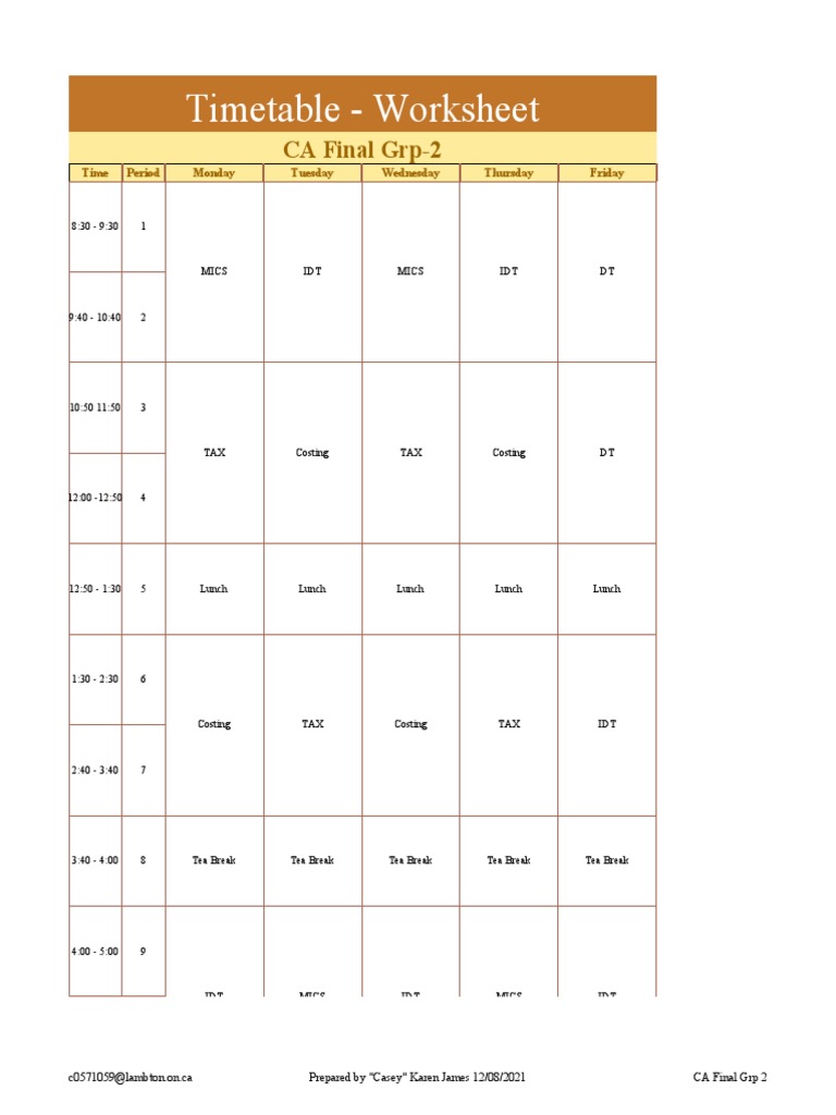 Timetable - Worksheet: CA Final Grp-2 | PDF