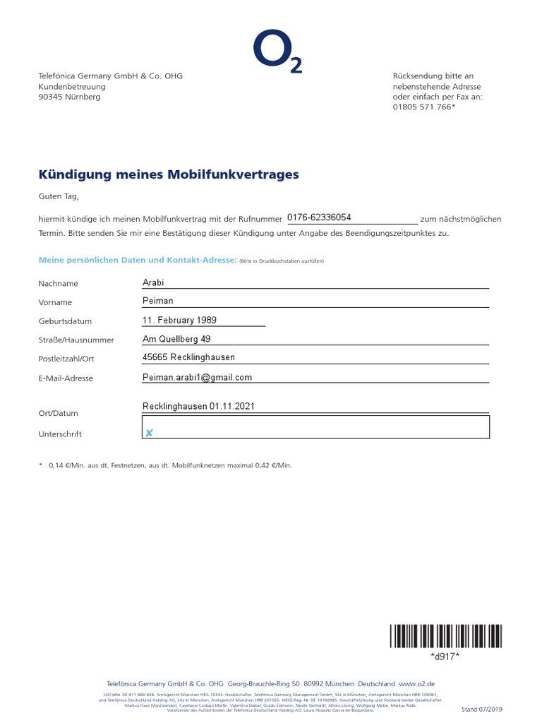 O2 Faxvorlage Kuendigung Mobilfunkvertrag PDF Download Data | PDF