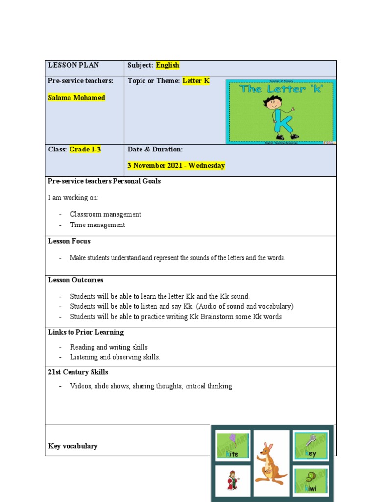 Lesson Plan Letter K | PDF | Lesson Plan | Learning