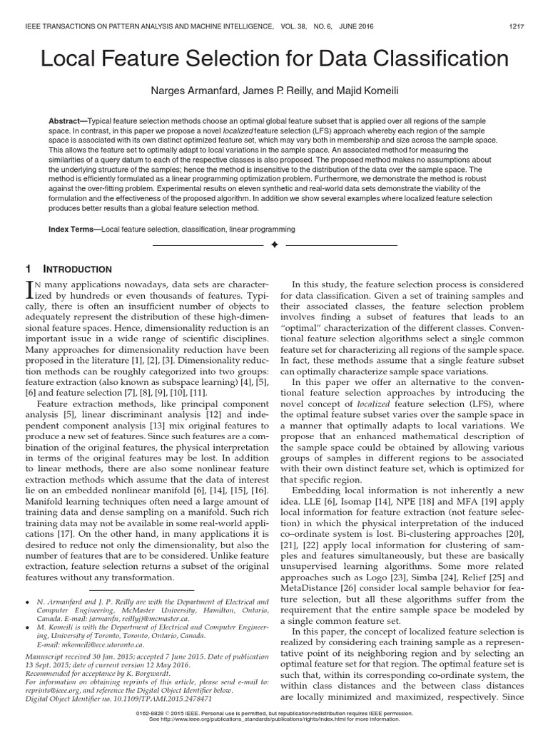 Local Feature Selection For Data Classification | PDF | Mathematical Optimization | Linear ...