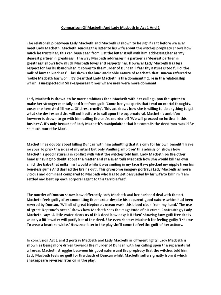 Comparison of Macbeth and Lady Macbeth in Act 1 and 2 | PDF | Macbeth ...