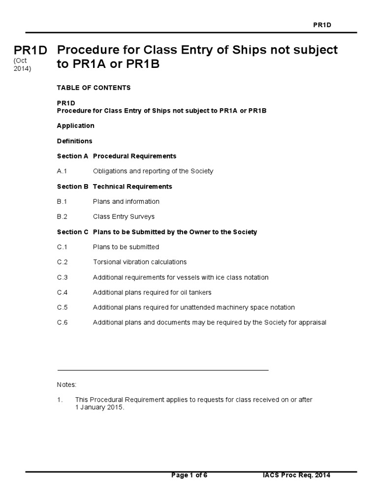 Pr1D Procedure For Class Entry of Ships Not Subject To PR1A or PR1B ...
