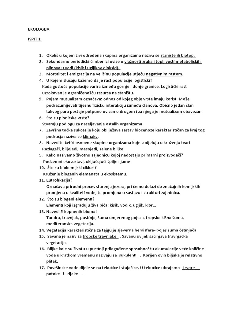 Ekologija Ispit | PDF