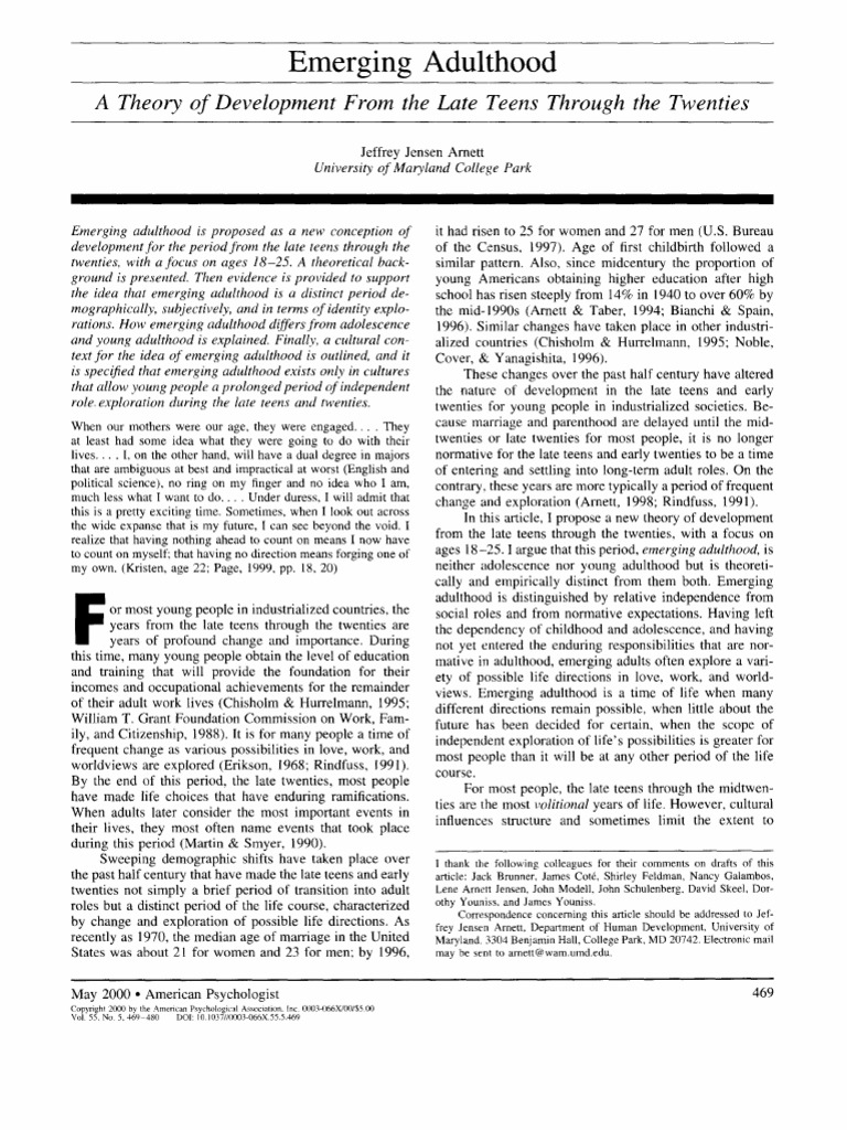 Arnett Emerging Adulthood Theory Pdf Adults Adolescence