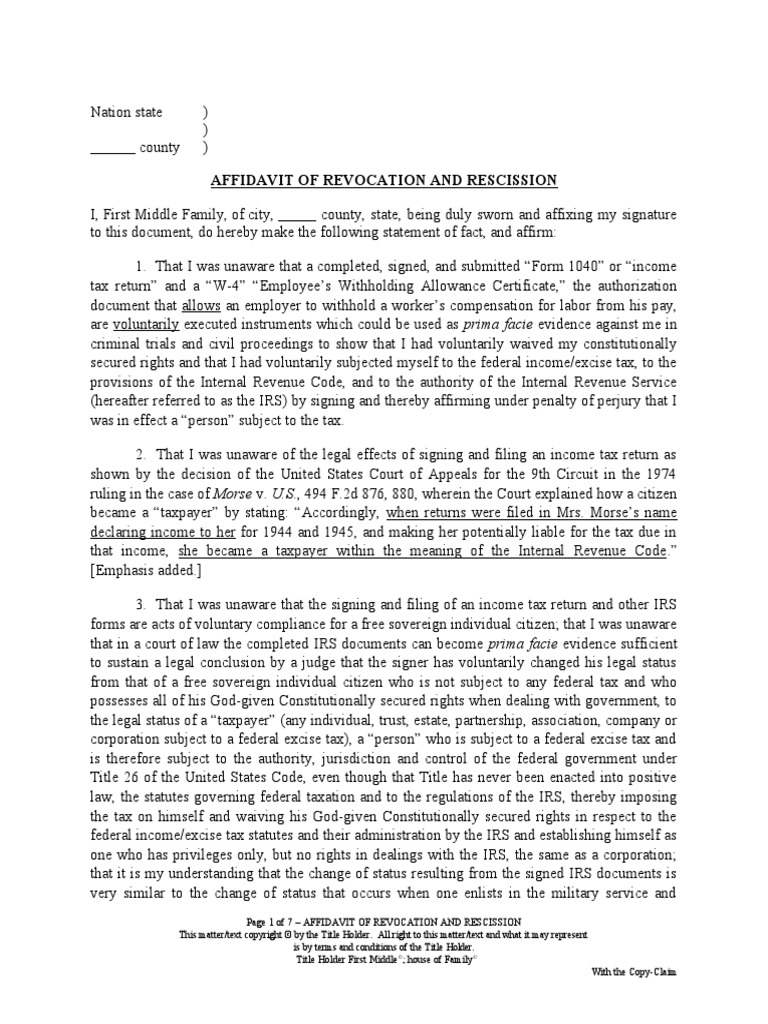 Affidavit of Revocation and Rescission Irs - Template | PDF | Internal ...