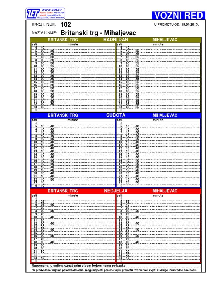 Bus 102 timetable Britanski trg - Mihaljevac | PDF