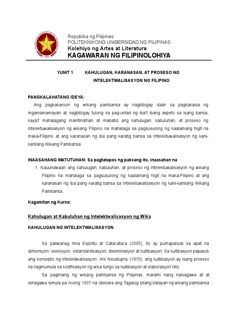 Yunit I Kahulugan Karanasan at Proseso NG Intelektwalisasyon NG ...