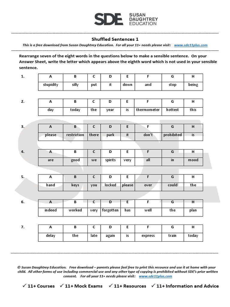 Shuffled Sentences 1: 1. A B C D E F G H | PDF