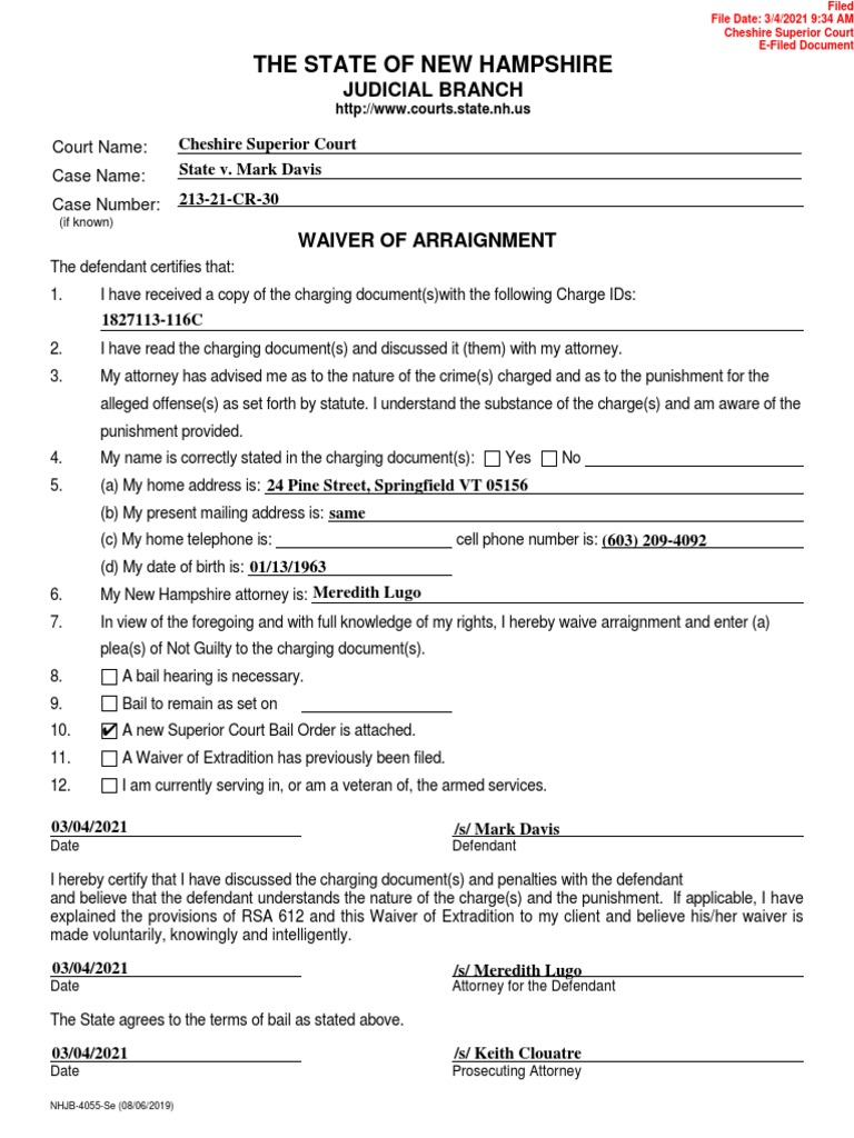 Mark W. Davis Extradition Waiver - Cheshire County NH Superior Court ...