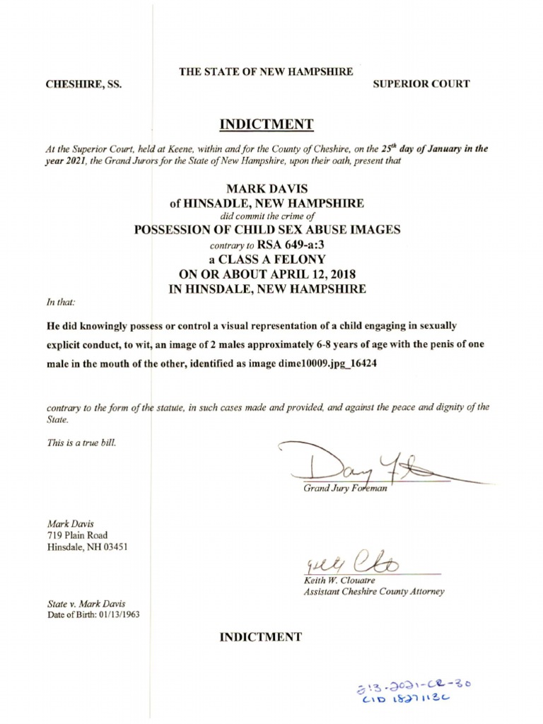 Mark Davis Indictment Charge 01 - Superior Court Keene NH | PDF | Law | Grand Jury
