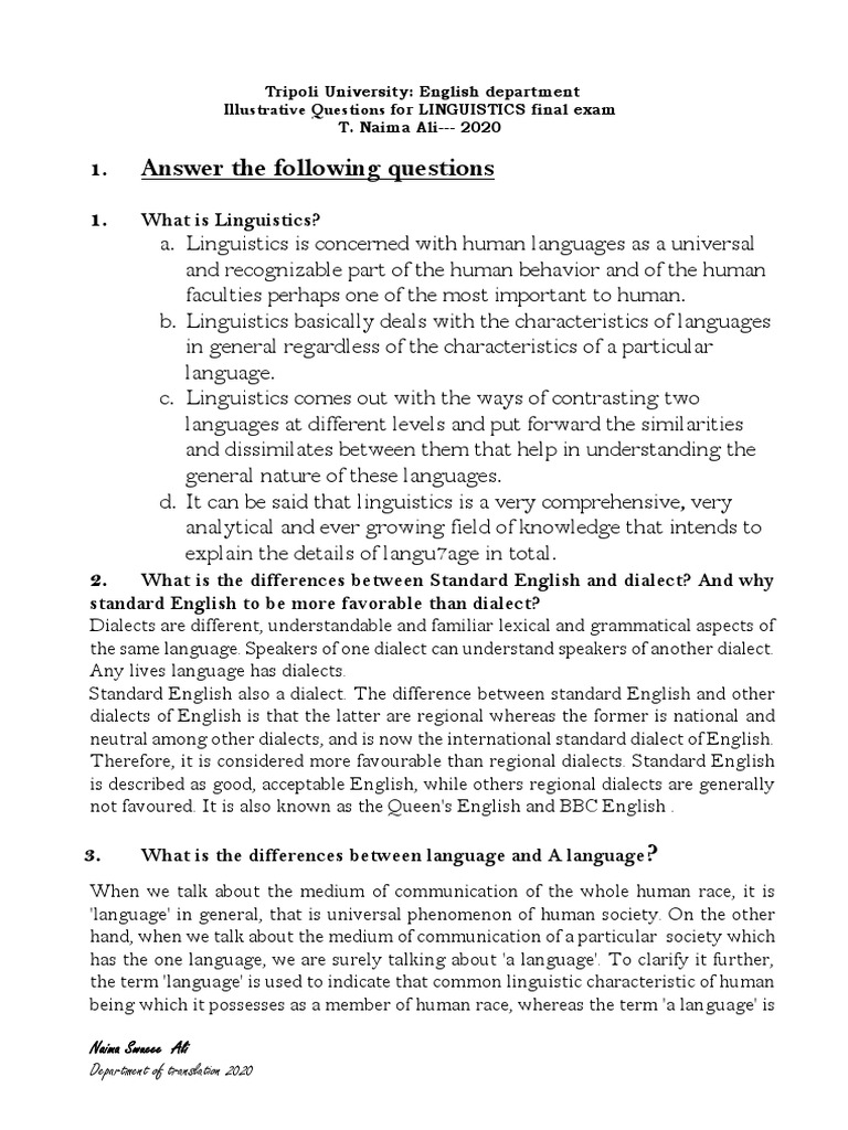 Answer The Following Questions: What Is Linguistics? | PDF ...