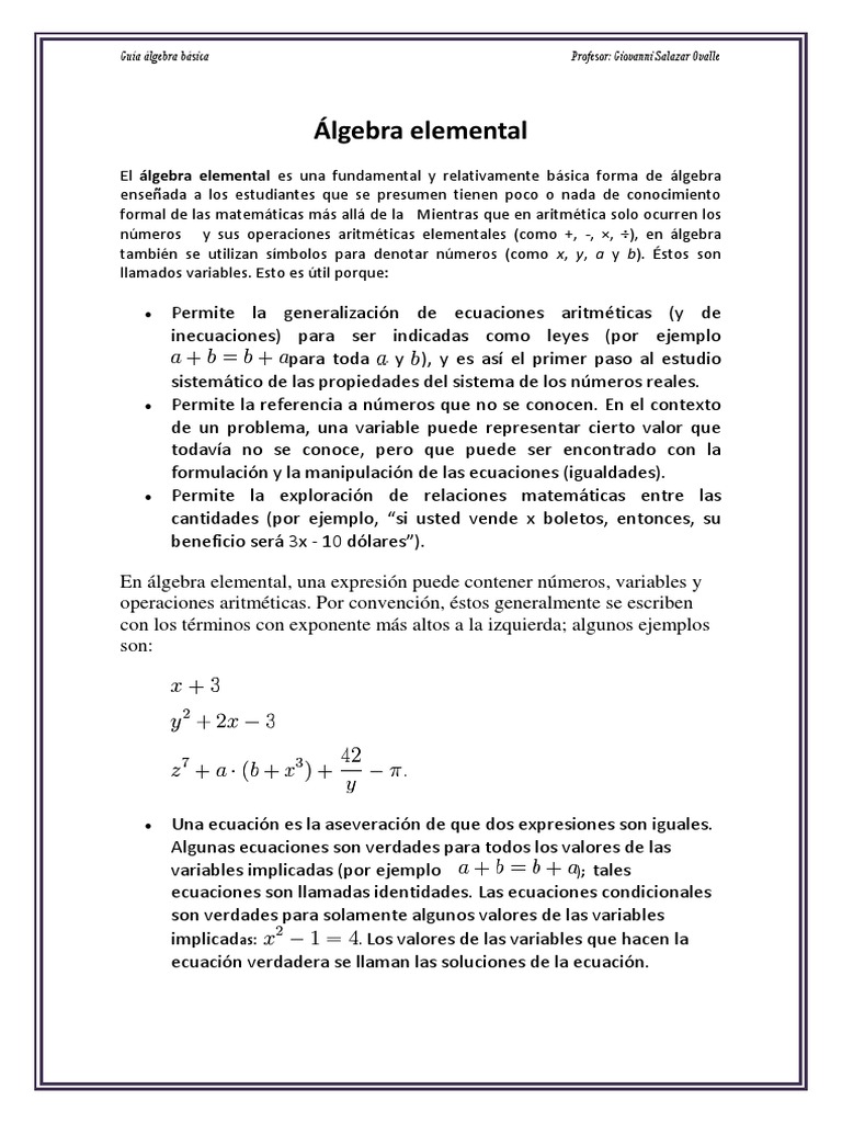 Guía de álgebra elemental básica | PDF | Multiplicación | Números