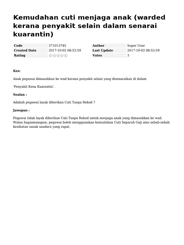 Kemudahan Cuti Menjaga Anak (Warded Kerana Penyakit Selain Dalam ...