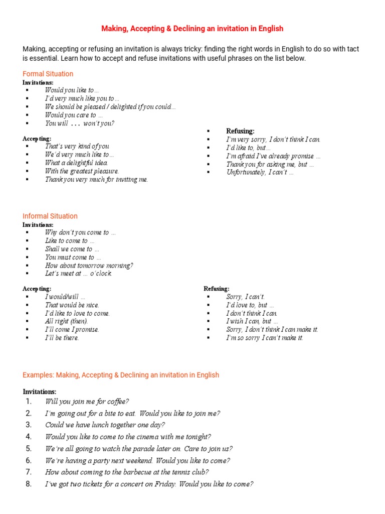 Making, Accepting & Declining An Invitation in English: Formal ...