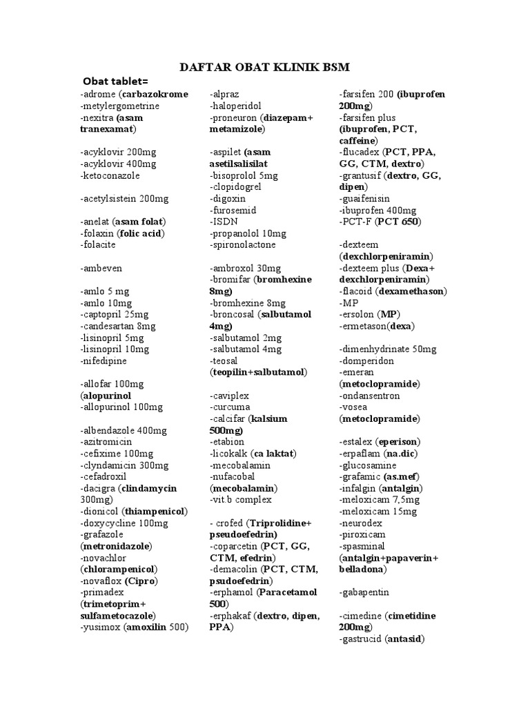 Daftar Obat Klinik BSM Print | PDF | Drugs