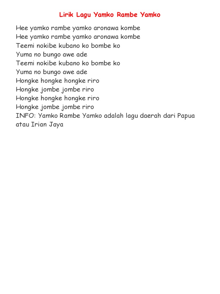 Lirik Lagu Yamko Rambe Yamko | PDF