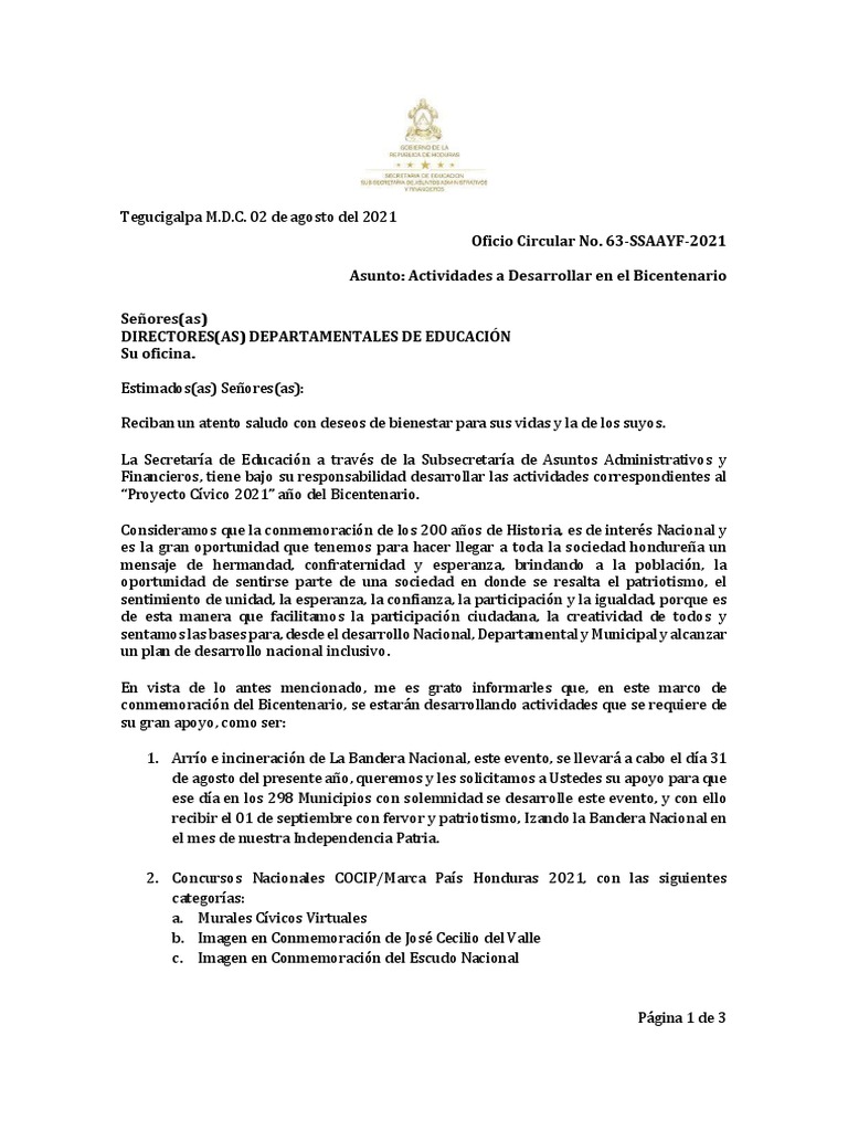 OFICIO Circular No. 63 DDE para Actividades COCIP 2021 RBG | PDF | Honduras OFICIO Circular No. 63 DDE para Actividades COCIP 2021 RBG | PDF | Honduras