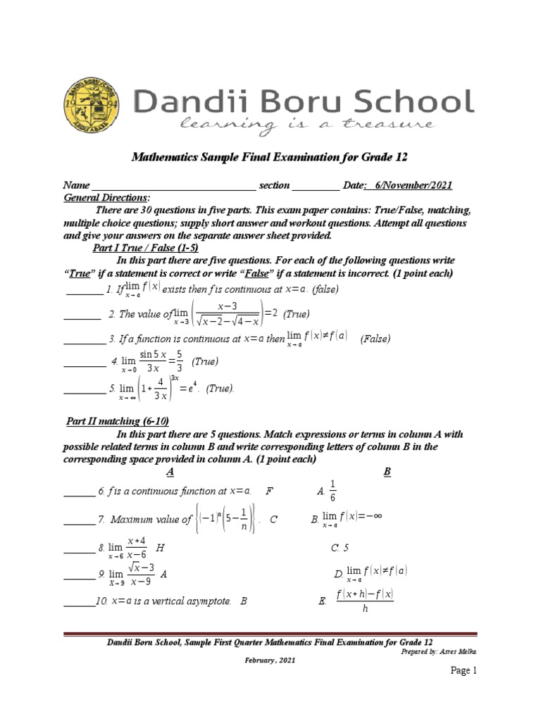 First Quarter Mathematics Sample Final Examination For Grade 12 ...