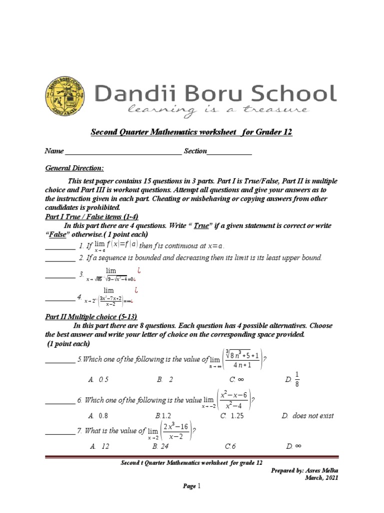 Second Quarter Mathematics Worksheet For Grade 12 | PDF | Multiple ...