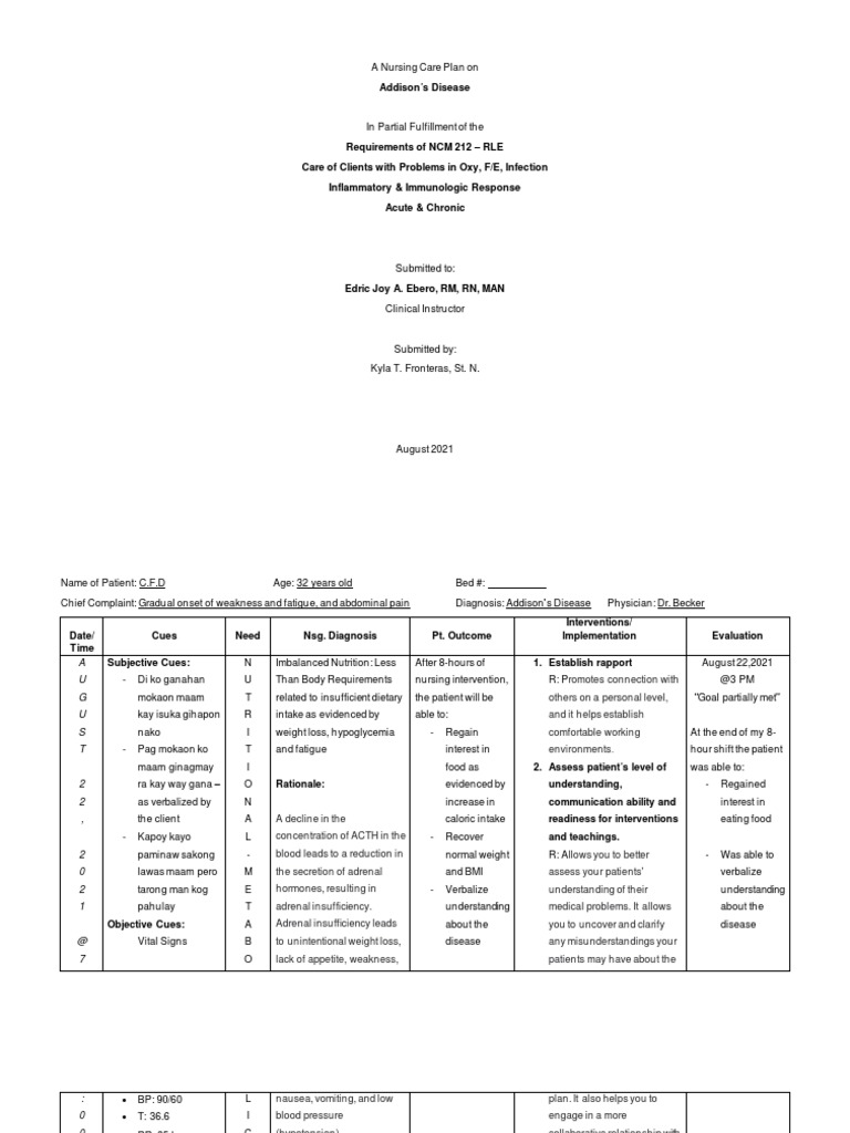 Addison 'S Disease: A Nursing Care Plan On | PDF | Hypoglycemia ...